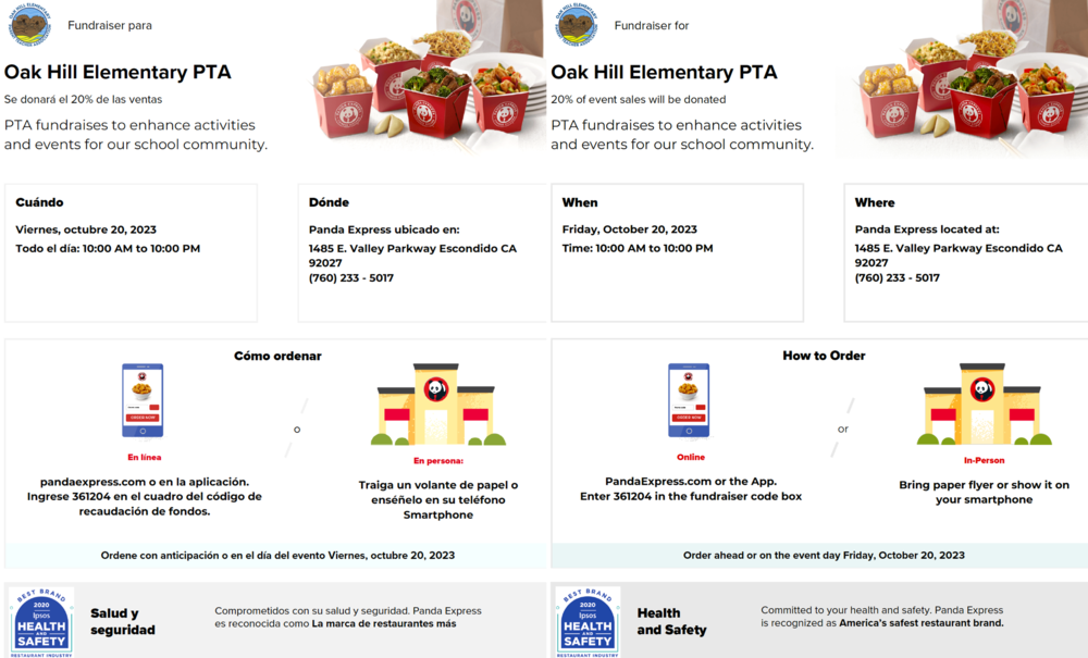 Panda Express/PTA Fundraiser Oct. 20 | Oak Hill Elementary