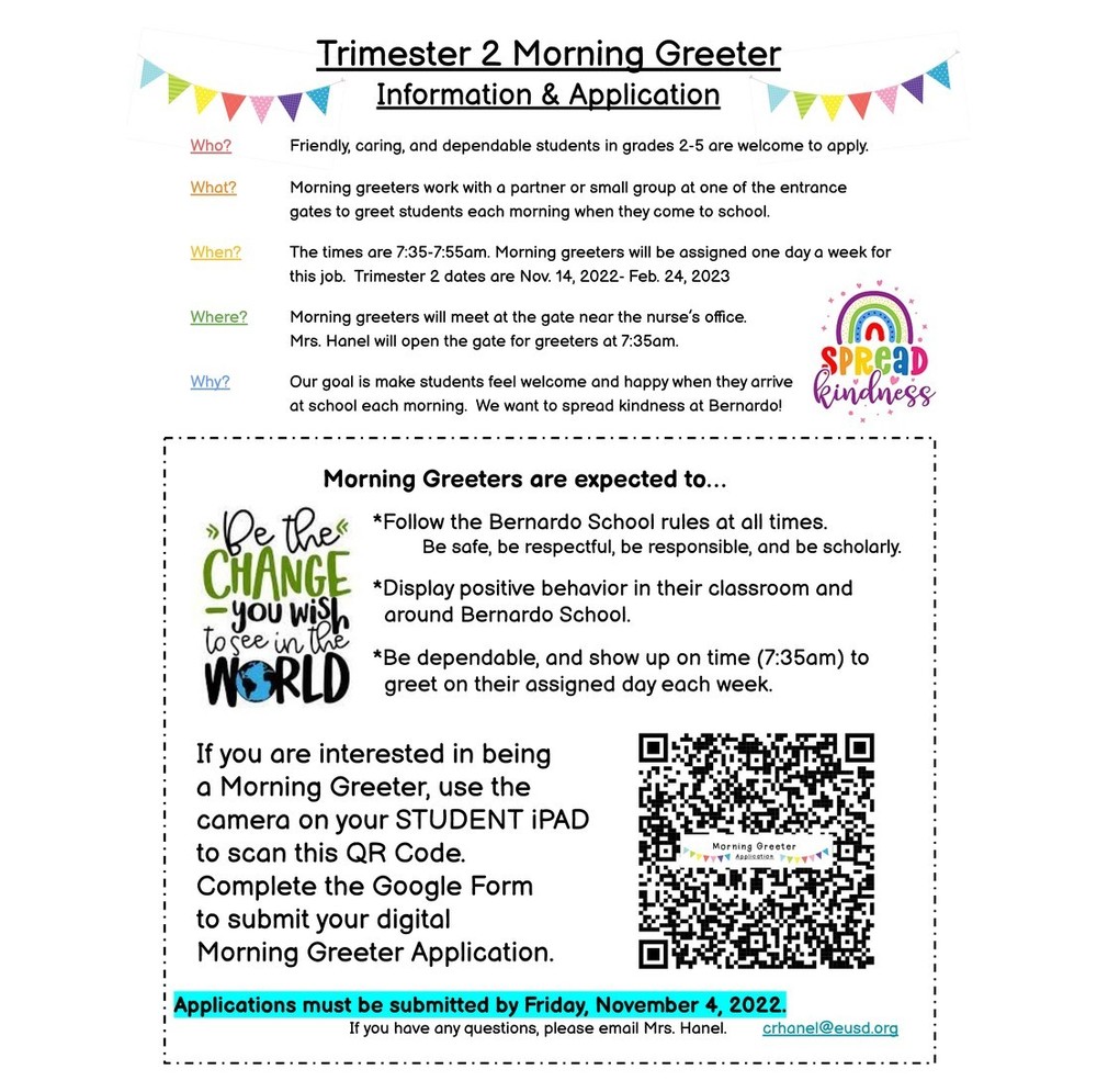 2nd Trimester Morning Greeter Sign Up | Bernardo Elementary